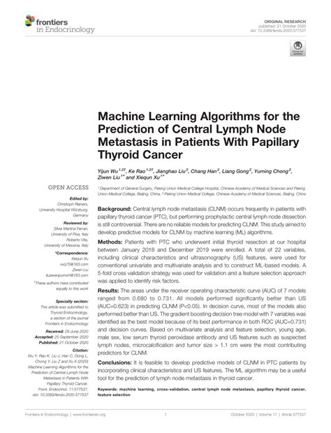 Pdf Machine Learning Algorithms For The Prediction Of Central Lymph Node Metastasis In