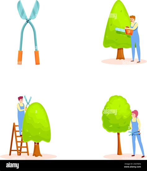 Pruning Work Icons Set Cartoon Vector Professional Gardener With