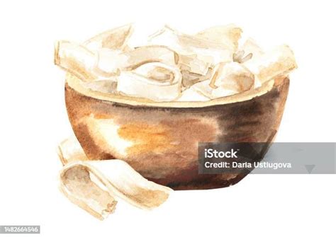 그릇에 코코넛 건조 칩 손으로 그린 수채화 그림 흰색 배경에 격리 갈기갈기 찢어진에 대한 스톡 벡터 아트 및 기타 이미지 갈기갈기 찢어진 강판에 갈기 건과일 Istock