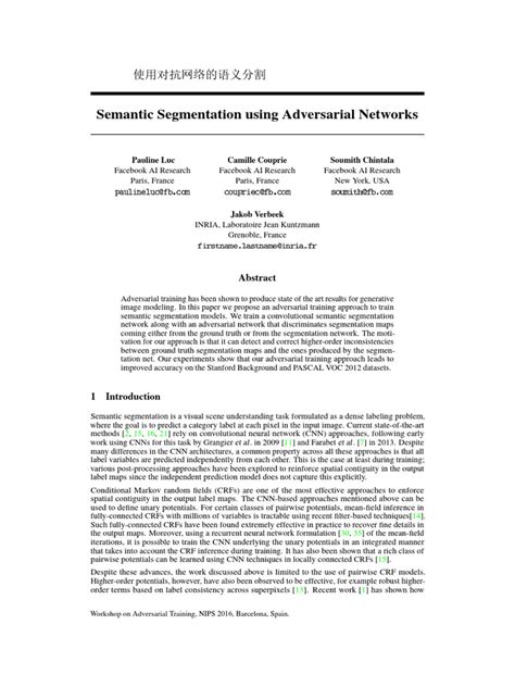 2016semantic Segmentation Using Adversarial Networks Pdf Image Segmentation Machine Learning