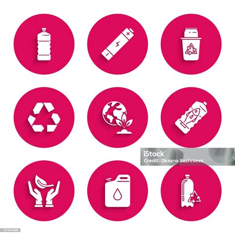 지구 지구와 식물 가솔린 용기 플라스틱 병 재활용 해양 오염 중지 환경 보호의 새싹 손 재활용 기호 재활용 캔 및 플라스틱 아이콘이있는 쓰레기통을 설정합니다 벡터 개념에
