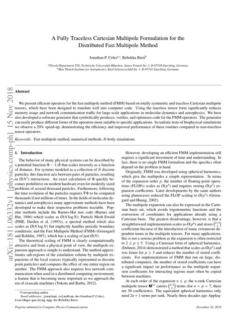 PDF A Fully Traceless Cartesian Multipole Formulation For The Distributed Fast Multipole Method