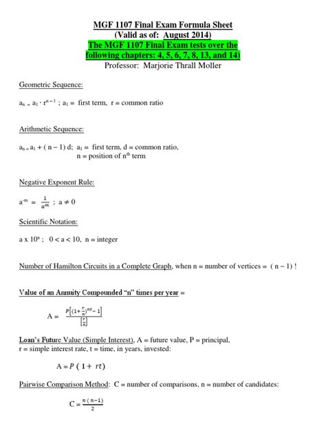 Mgf 1107 Final Exam Formula Sheet Valid As Of August 2014 Pdf