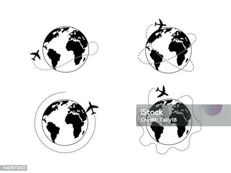 비행기와 지구본 지구 지구 아이콘 세트 지구 행성 주위를 비행 비행기입니다 전 세계의 비행기 교통 검정 및 선 평면 아이콘입니다 날기에 대한 스톡 벡터 아트 및 기타 이미지