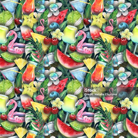 열대 과일 딸기 야자수 잎 해변 칵테일 핑크 플라밍고 수채화 Beach Bar 컬렉션의 매끄러운 패턴 섬유 직물 월페이퍼 커버