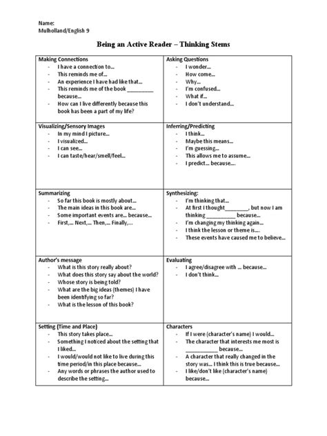 Being An Active Reader Thinking Stems Making Connections Asking