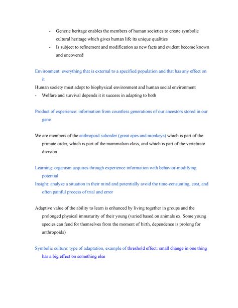 Soc 201 Introduction To Sociology Week 1 Notes Part 4 Generic Heritage Enables The Members Of
