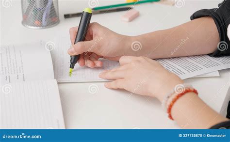 Female Highlighting With Marker Correct Answers In Standard Exam Test Paper Babe Filling Up