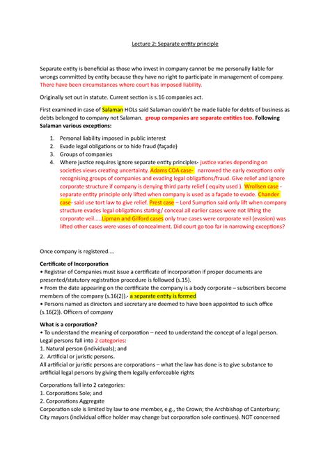 Company Law Lecture 2 Seperate Entity Lecture 2 Separate Entity