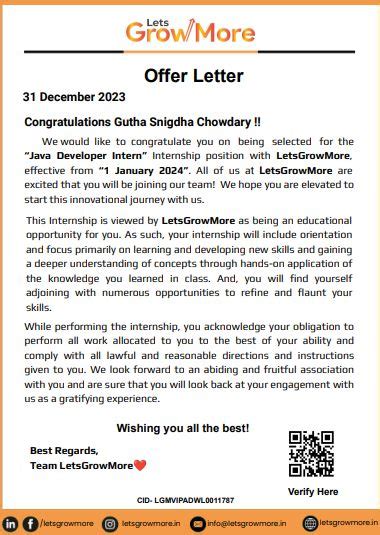 Gutha Snigdha Chowdary On Linkedin Javaintern Javainternship