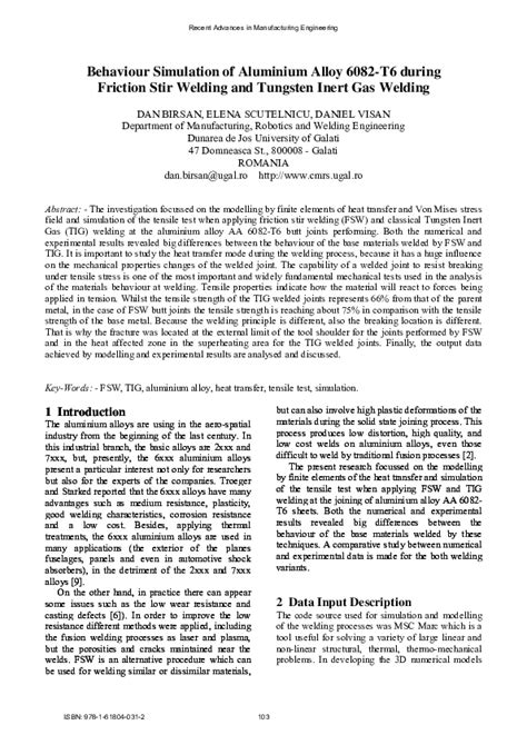 Pdf Behaviour Simulation Of Aluminium Alloy 6082 T6 During Friction Stir Welding And Tungsten