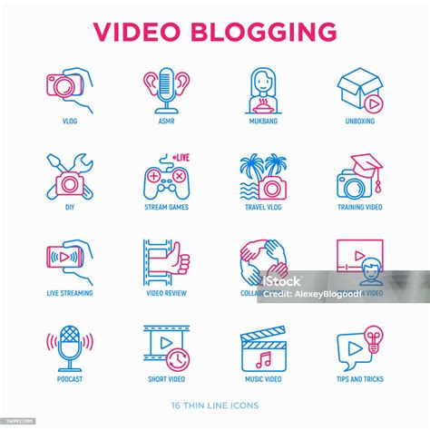 동영상 블로그 얇은 라인 아이콘 세트 동영상 블로그 Asmr 무방 언 박싱 Diy 스트림 게임 리뷰 공동 작업 팟 캐스트 팁과 트릭 현대 벡터 그림입니다 영화에 대한 스톡