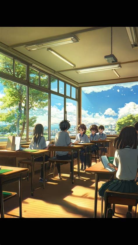 An Anime Style High School Classroom With Students Studying And