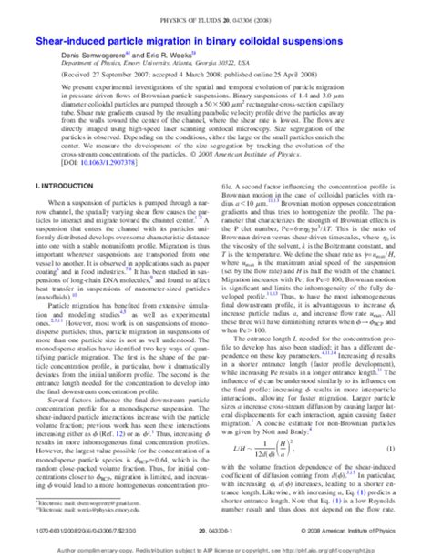 Pdf Shear Induced Particle Migration In Binary Colloidal Suspensions