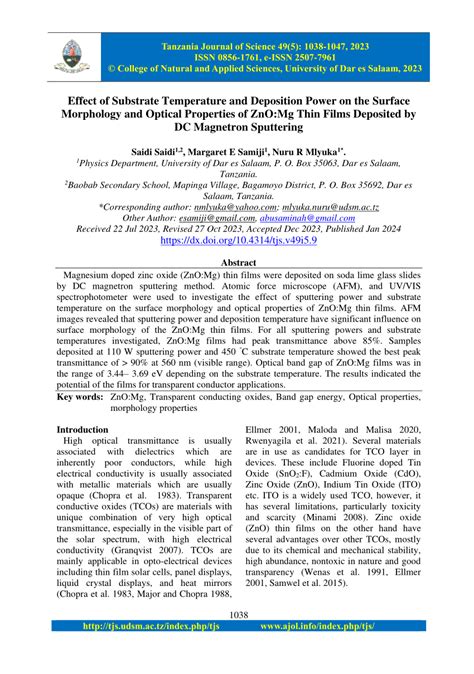 Pdf Effect Of Substrate Temperature And Deposition Power On The Surface Morphology And Optical