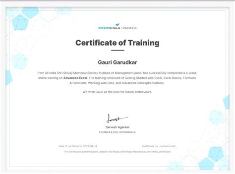 I Have Successfully Completed Advance Excel Course From Internshala Training Gauri Garudkar