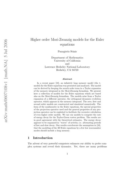 Pdf Higher Order Morizwanzig Models For The Euler Equations