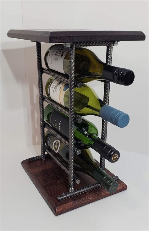 Four Bottle Wine Rack Handcrafted From Polished Rebar W Stained Pine