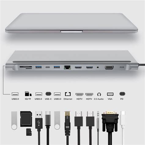 In Type C Docking Station Dual HDMI VGA Audio TF SD Ethernet PD USB C HUB Laptop Tablet