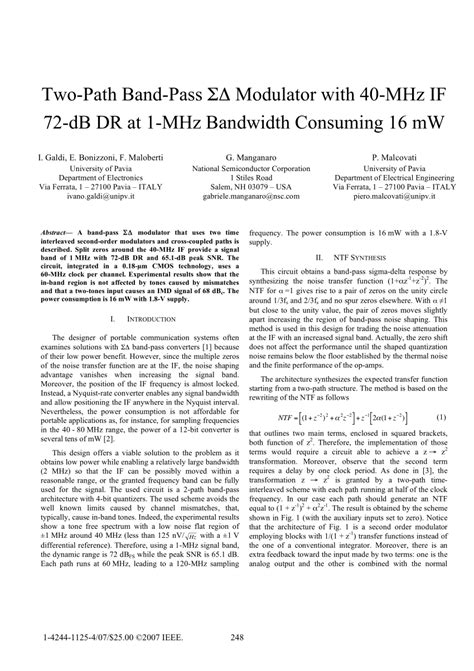 Pdf Two Path Band Pass Sigma Delta Modulator With 40 Mhz If 72 Db Dr At 1 Mhz Bandwidth