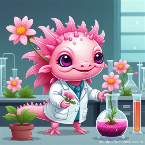 Adorable Pink Axolotl Cultivating Flowers In Lab Stable Diffusion Online