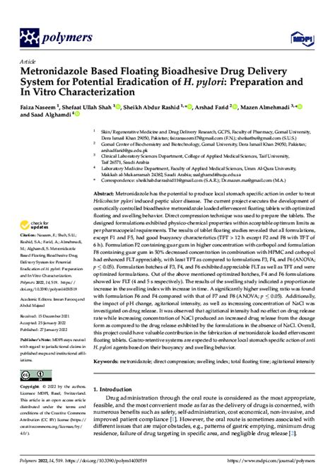 Pdf Metronidazole Based Floating Bioadhesive Drug Delivery System For