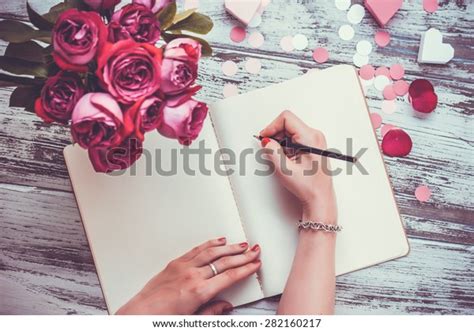 Female Hands Writing Open Notebook Bouquet Stock Photo 282160217 Shutterstock