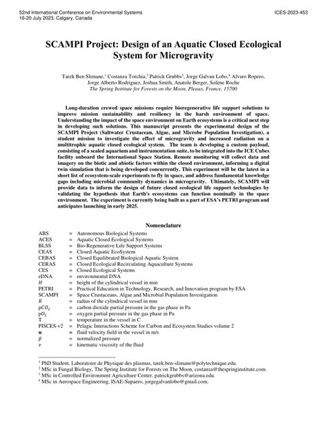 Pdf Scampi Project Design Of An Aquatic Closed Ecological System For Microgravity