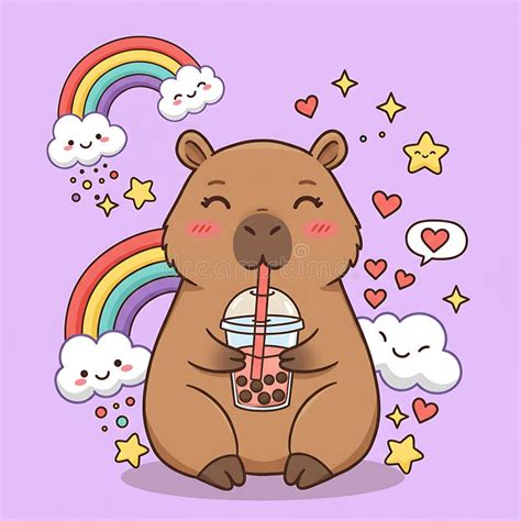 Adorable Cartoon Capybara Sipping Bubble Tea Set Against A Pastel