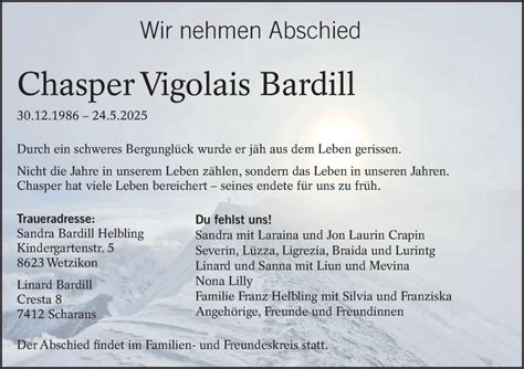 Traueranzeigen Von Chasper Bardill Zo Trauerch