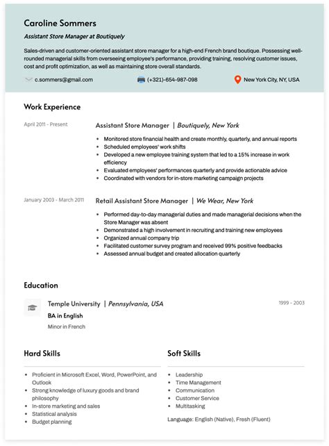Assistant Manager Resume Job Descriptions Resume Examples Templates CakeResume