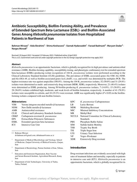 Antibiotic Susceptibility Biofilm Forming Ability And Prevalence Of Extended Spectrum Beta