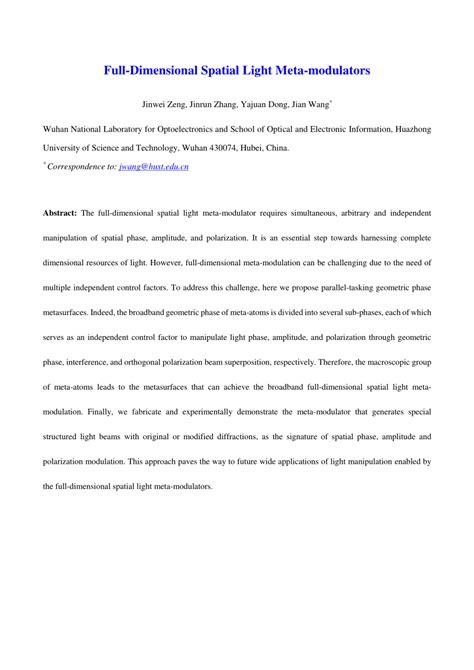 Pdf Full Dimensional Spatial Light Meta Modulators