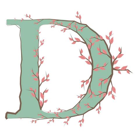 부드러운 손으로 그린 잎으로 만든 대문자 D 문자 프리미엄 벡터