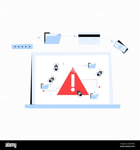 Cyber Attack On Laptop With Malware And Warning Sign In Flat Vector Illustration Symbolizing