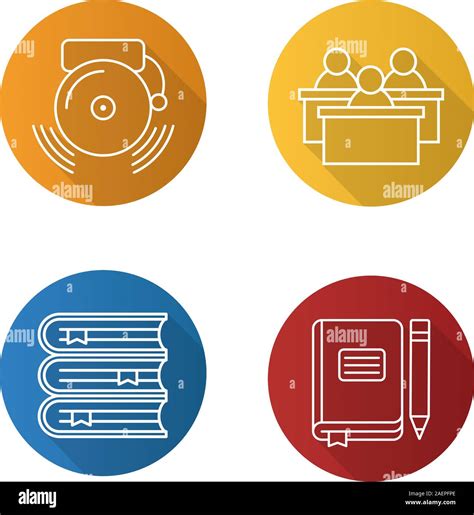 School Flat Linear Long Shadow Icons Set Students Class Journal With