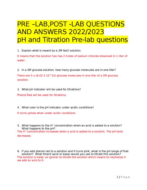 pre lab post lab questions and answers 2022 2023 ph and titration pre