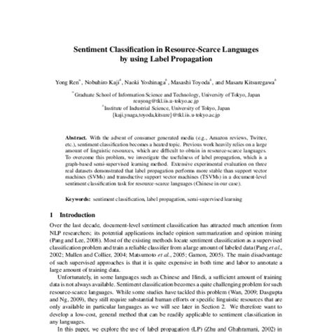Sentiment Classification In Resource Scarce Languages By Using Label Propagation Acl Anthology