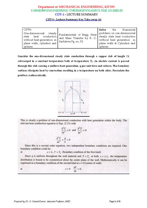 Ht Cdt 6 Important Notes U18me305 Engineering Thermodynamics 3m2 Ay2022 Cdt 1 Lecture