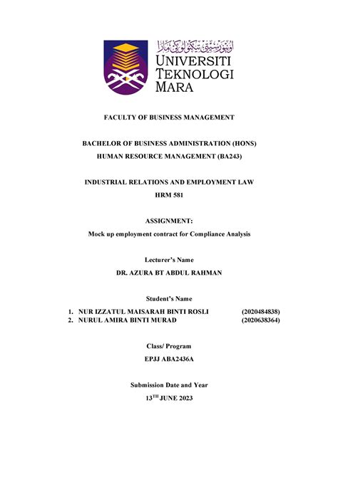 Hrm 581 Ca Assignment Report Faculty Of Business Management