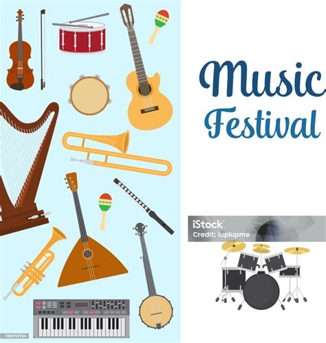 악기 벡터 그림입니다 악기 세트 트럼펫 레코드 피아노와 기타 실로폰 기타 드럼과 음악 콘서트 또는 축제 포스터아르파 기이함에 대한 스톡 벡터 아트 및 기타 이미지 Istock
