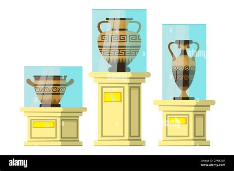 Ancient Ceramic Vases On Pedestals Under Glass Cover Vector Set Stock