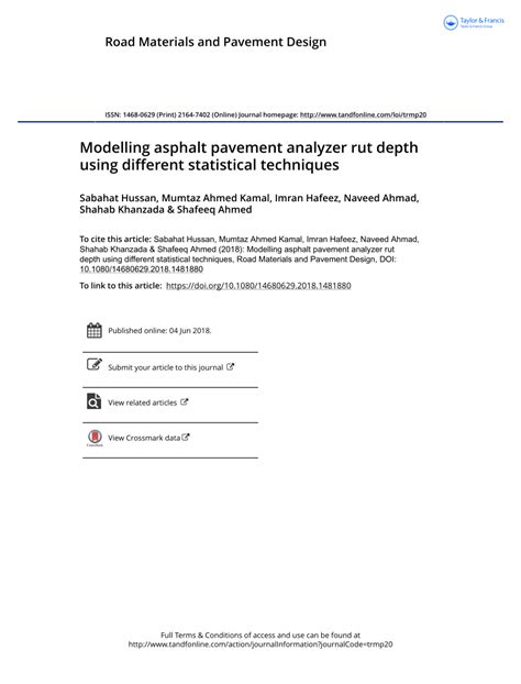 Pdf Modelling Asphalt Pavement Analyzer Rut Depth Using Different Statistical Techniques