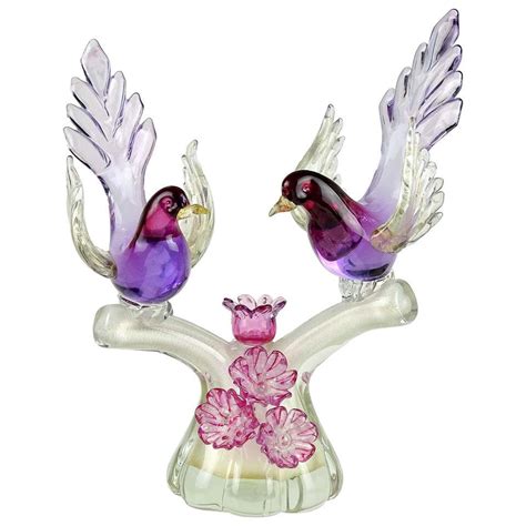 Murano 1950s Blue Gold Flecks Italian Art Glass Birds On Branch