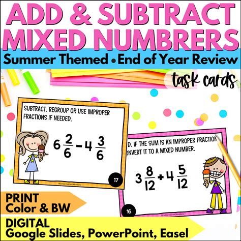 end of year adding and subtracting mixed numbers task cards curious