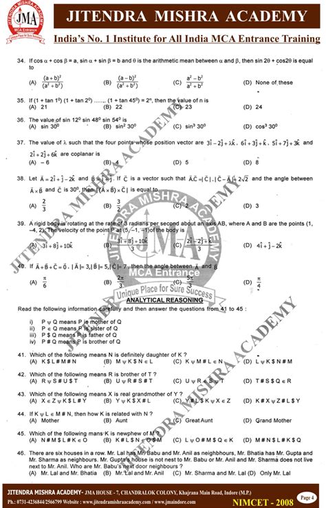 Question Paper Of Nimcet 2008 Jitendra Mishra Academy Indore Mp