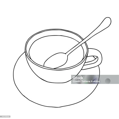흰색 배경에 고립 된 숟가락과 뜨거운 차 또는 커피가있는 컵의 검은 손 그리기 그림 귀여운에 대한 스톡 벡터 아트 및 기타
