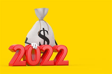 빨간 새해 2022 기호와 함께 소박한 캔버스 리넨 돈 자루 또는 머니 백과 달러 사인 캐릭터 마스코트를 묶었다 3d 렌더링 12월에 대한 스톡 사진 및 기타 이미지