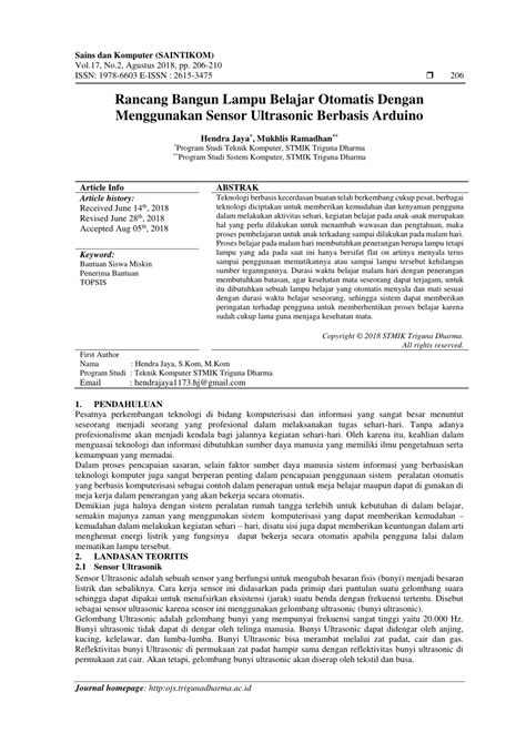 Pdf Rancang Bangun Lampu Belajar Otomatis Dengan Menggunakan Sensor Ultrasonic Berbasis Arduino