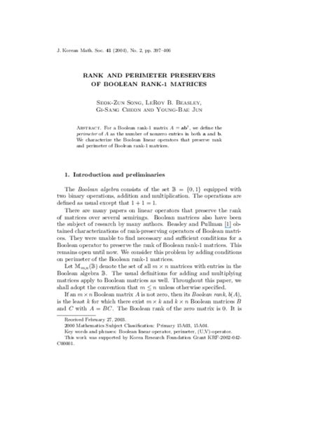Pdf Rank And Perimeter Preservers Of Boolean Rank 1 Matrices